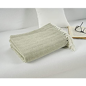 LANE LINEN Super Soft Throw Blanket for Couch & Bed - Classic Herringbone Weave with Tassel Cotton Lightweight Breathable Durable Cozy Warm – Pack of 2 50”x70” Sage Green
