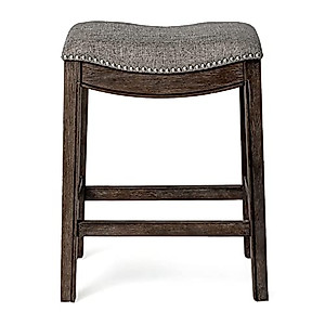 Maven Lane Adrien Backless Saddle Kitchen Counter Stool 25.7" H, Dark Walnut Finish and Stone Grey Performance Fabric, Nail Head Trim Design, Set of 2