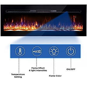 BizHomart 48 Electric Fireplace, Recessed & Wall Mounted Electrical Fireplace with Bracket, Ultra Thin, Low Noise, Remote Control, Timer, Logset & Crystal, Adjustable Flame Color, 1500W, Black