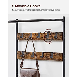 VASAGLE Hall Tree with Bench and Shoe Storage, Entryway Bench with Coat Rack Stand and Shoe Rack, 9 Removable Hooks, Top Bar, Fabric Shelves, Industrial, Rustic Brown and Black UHSR411B01