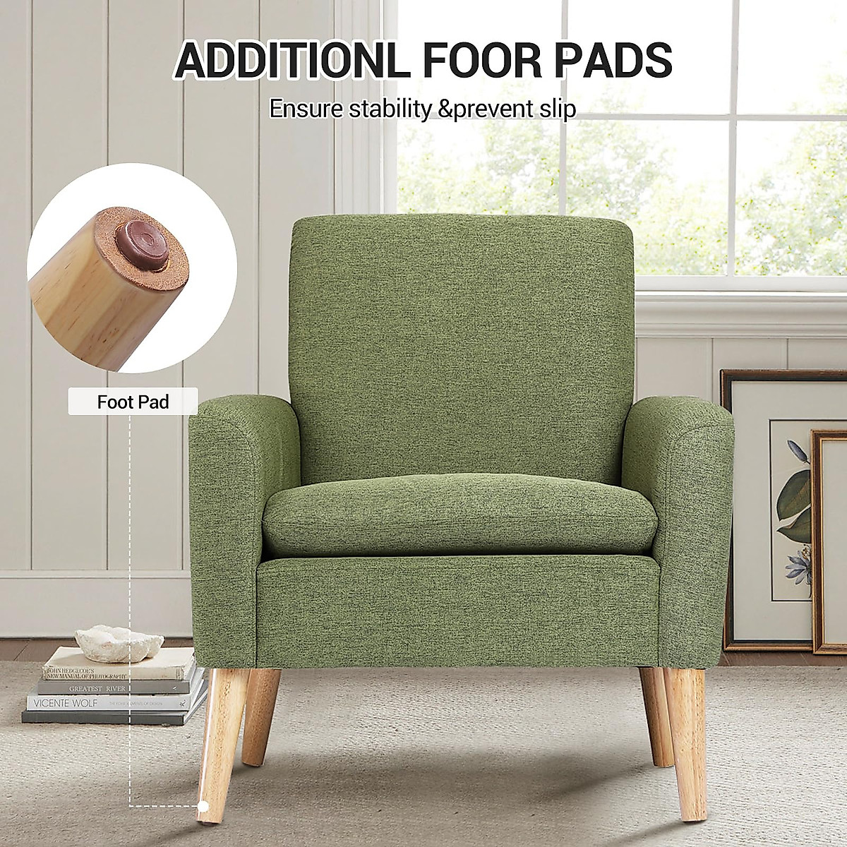 Lohoms Mid-Century Modern Fabric Accent Chair Single Sofa Comfy Upholstered Arm Chair Living Room Furniture (Green)