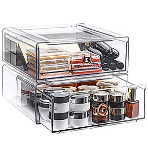 Homde Stackable Storage Containers Box with Pull-Out Drawer - Stacking Plastic Drawers Bins for Kitchen Pantry and Cupboard, Cabinet, Counter, Island and Tables - 2 Pack - Clear