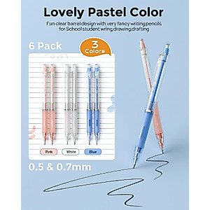 Nicpro 6 PCS Pastel Mechanical Pencil 0.5 & 0.7 mm with Case for School, with 12 tubes HB Lead Refills, 3 Erasers, 9 Eraser Refills For Student Writing, Drawing, Sketching, Blue & Pink & White Colors