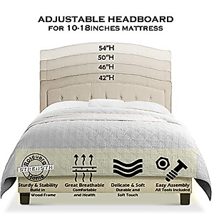 Rosevera Jordana Panel Bed Frame with Ajustable Button-Tufted Headboard for Bedroom/Linen Upholstered/Wood Slat Support/Easy Assembly, King, Beige