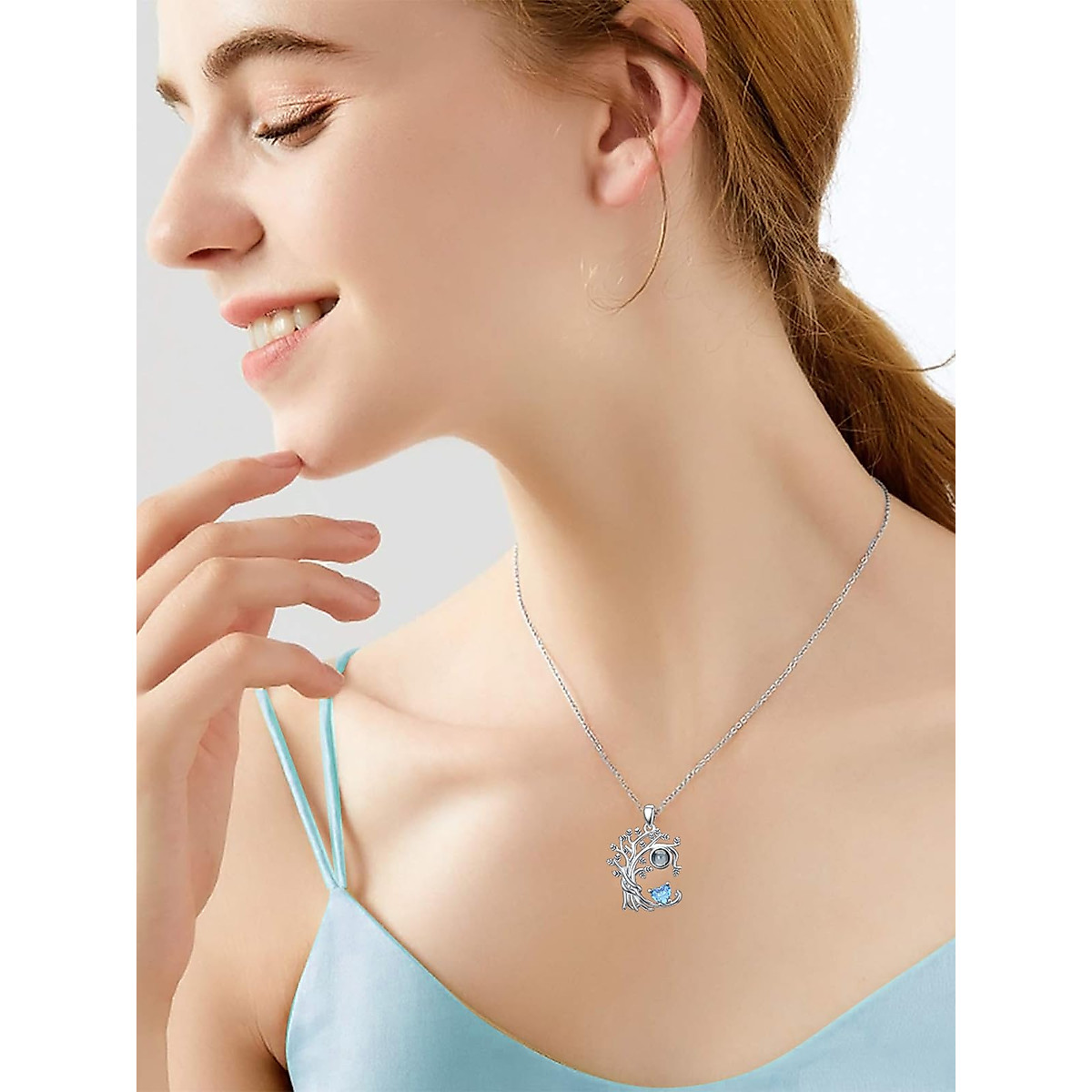 Dorunmo Personalized Photo Picture Projection Necklace Tree of Life Necklace Aquamarine March Birthstone Necklace for Women 925 Sterling Silver Mothers Day Birthday Romantic Jewelry Gifts Women Wife Mom Girlfriend Anniversary