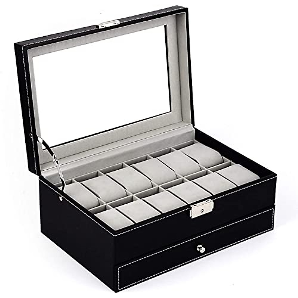 Tebery 12-Slot Watch Box Case Lockable with Glass Lid, 2 Layers Watch Holder Organizer Display with 1 Drawer for Rings and Bracelets, Gift For Boyfriend Fathers Day Birthday Gifts (Black)