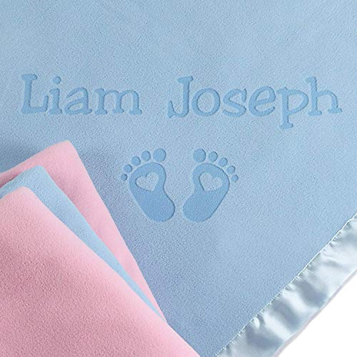 Custom Catch Personalized Newborn Gift Baby Blanket for Girl - Name with Infant Heart Feet Design - Pink or Blue (1 Line Text)