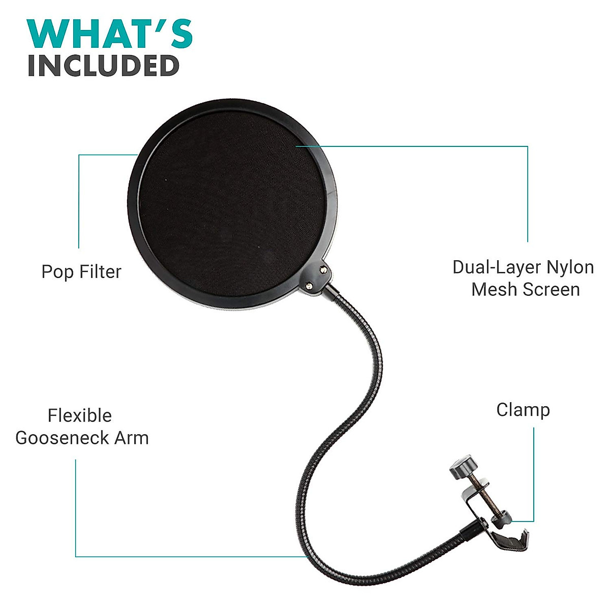 Movo PF-6 Dual Layer Nylon Mesh Microphone Pop filter, Gooseneck Arm and Clamp Mount. Pop Filter Delivers Professional Sound Quality Compatible with Blue Yeti, Blue Snowball Microphones and more
