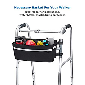 ISSYAUTO Walker Basket, Strap Mount Walker Cup Drink Holder with Two Split Board, Foldable Walker Storage Bag, Best Gift for Family and Friends - Black (Not Fit Rollator Walkers)