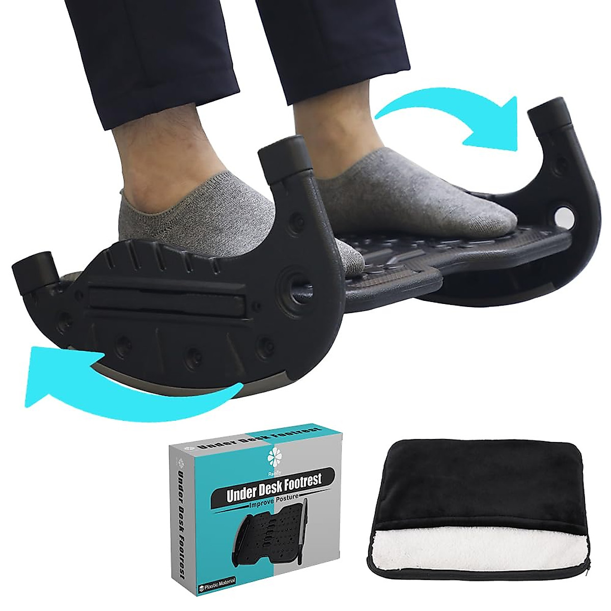 RAINFLY Adjustable Foot Rest Under Desk for Office Use - 30° Tilt Angle Desk Foot Rest Ergonomic Design Office Footrests with Cushion, Non-Slip and Portable Foot Rest for Travel - Black