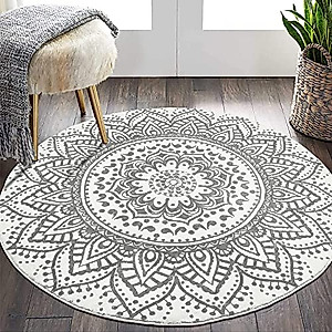 HEBE 4 Ft Round Area Rug Soft Chic Bohemian Mandala Rugs Machine Washable Non Slip Indoor Sofa Floor Area Mat Carpet for Living Room Sofa Bedroom Nursery Decor, Grey
