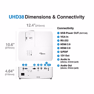 Optoma UHD38 Bright, True 4K UHD Gaming Projector | 4000 Lumens | 4.2ms Response Time at 1080p with Enhanced Gaming Mode | Lowest Input Lag on 4K Projector | 240Hz Refresh Rate | HDR10 & HLG