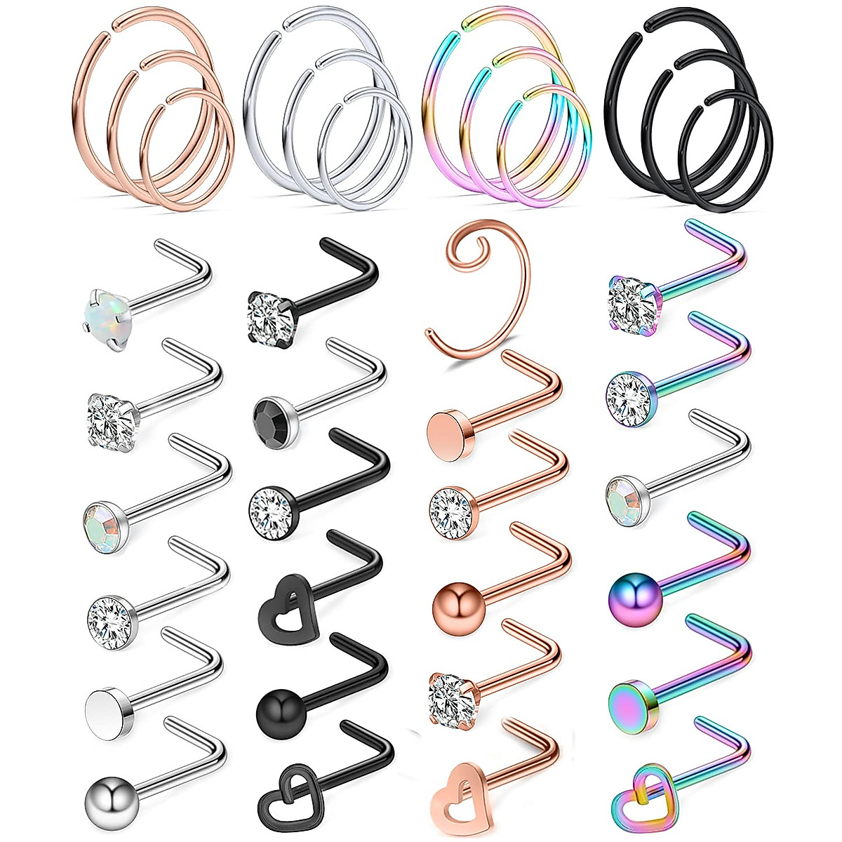 Ocptiy 22G Nose Ring for Nose Piercing Jewelry Nose Stud Women 22 Gauge Stainless Surgical Steel Thin Nose Ring Hoop L Shaped Bend Curved Nose Rings Stud Hoop Nose Piercings Jewelry for Women Men 2MM