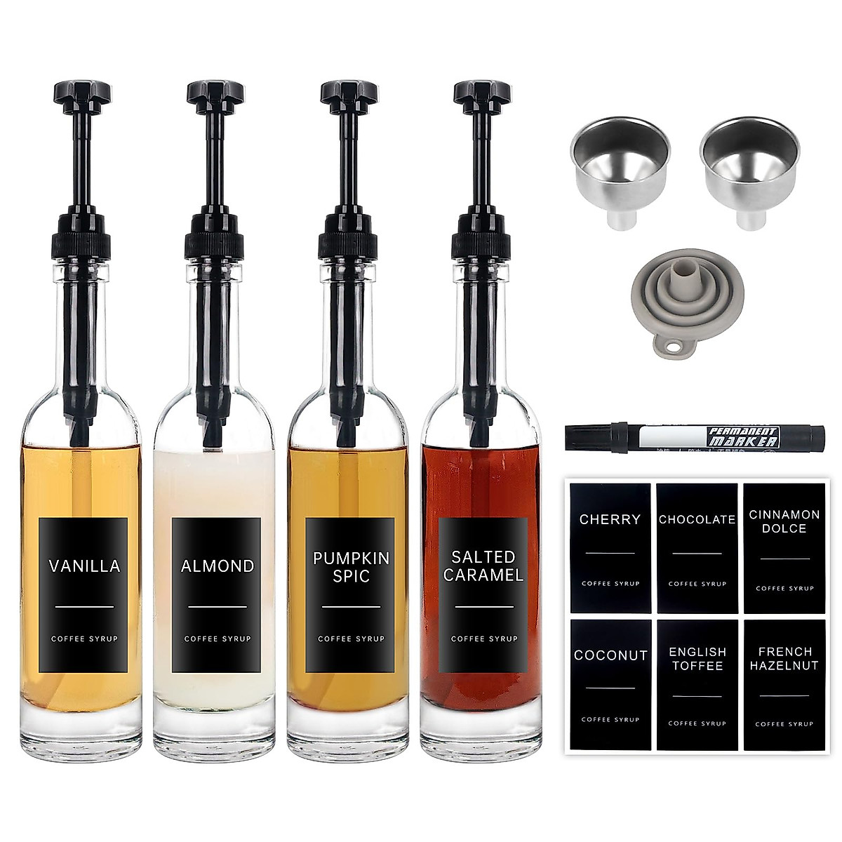 MSTCMZP Coffee Syrup Dispenser for Coffee Bar Accessories Coffee Pump Dispenser, Glass Syrup Bottle with Pump and Labels, 350 ml, Set of 4 Black