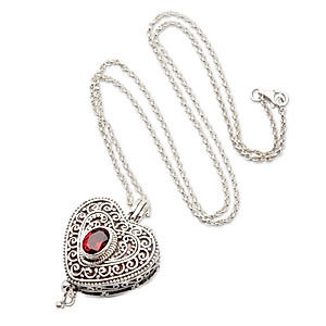 NOVICA Artisan Handmade Garnet Locket Necklace .925 Sterling Silver Heart Shaped Red Pendant Indonesia Romantic Birthstone Balinese 'Always in my Heart'