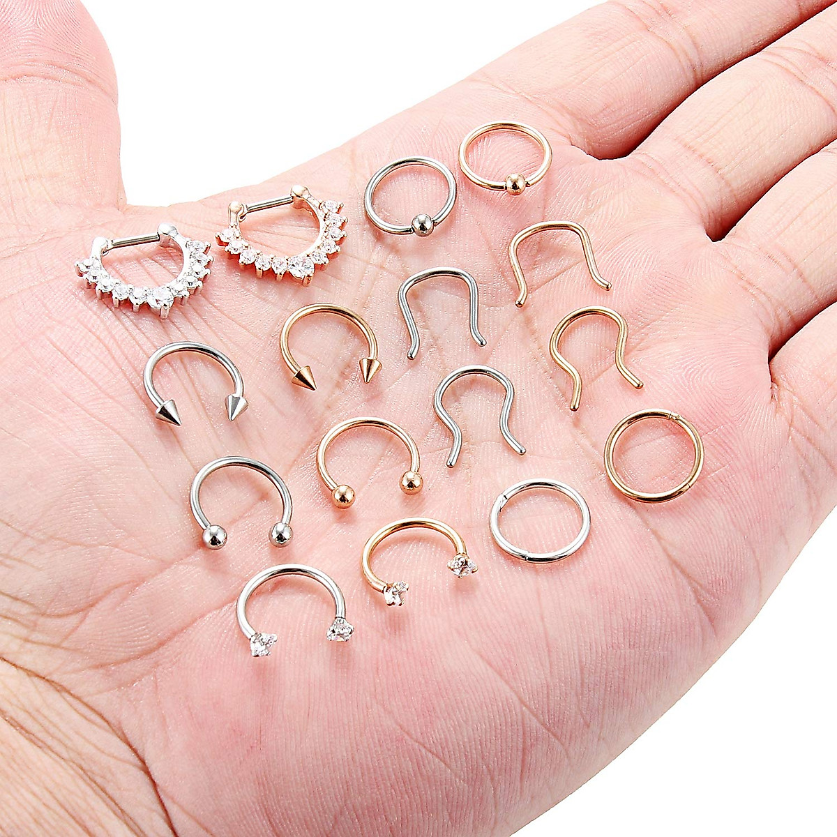 SCERRING 8PCS 16G Stainless Steel Hinged Seamless Septum Hoop Nose Ring Horseshoe Rings Cartilage Daith Tragus Clicker Retainer Body Piercing Jewelry Clear CZ Style 1# Black