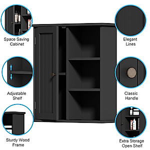 Treocho Bathroom Wall Cabinet, Medicine Cabinet with Door and 3 Open Shelves, Wall Mounted Storage Organizer for Bathroom, Kitchen, Living Room, Black