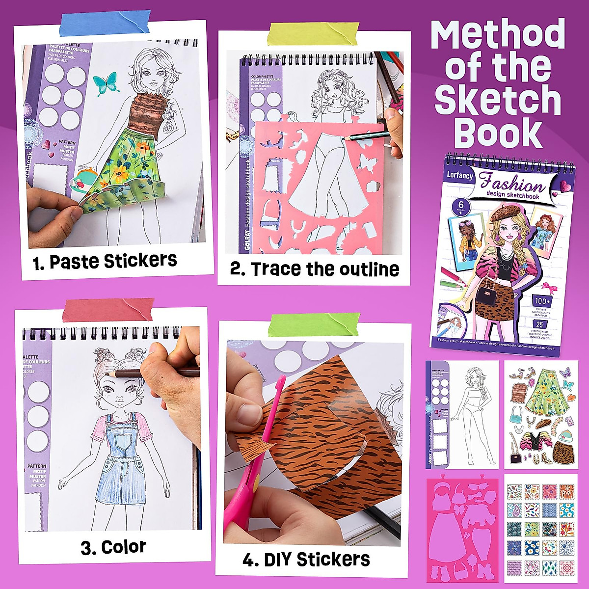 Lorfancy 500+ Fashion Designer Kits for Girls Kids Fashion Sketchbook Drawing Book Design Games Toddler DIY Stickers Stencils Activity Set Design Sketch Book Clothing Sewing Birthday Christmas Gifts