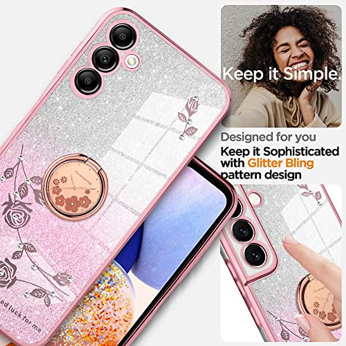 Bonoma Case for Samsung Galaxy A14 with 360°Rotatable Ring Holder Kickstand, Cute Luxury Saprkle Glitter Pretty Pink Flowers Floral Shiny Bling Sparkle Cover Shell for Women Girls