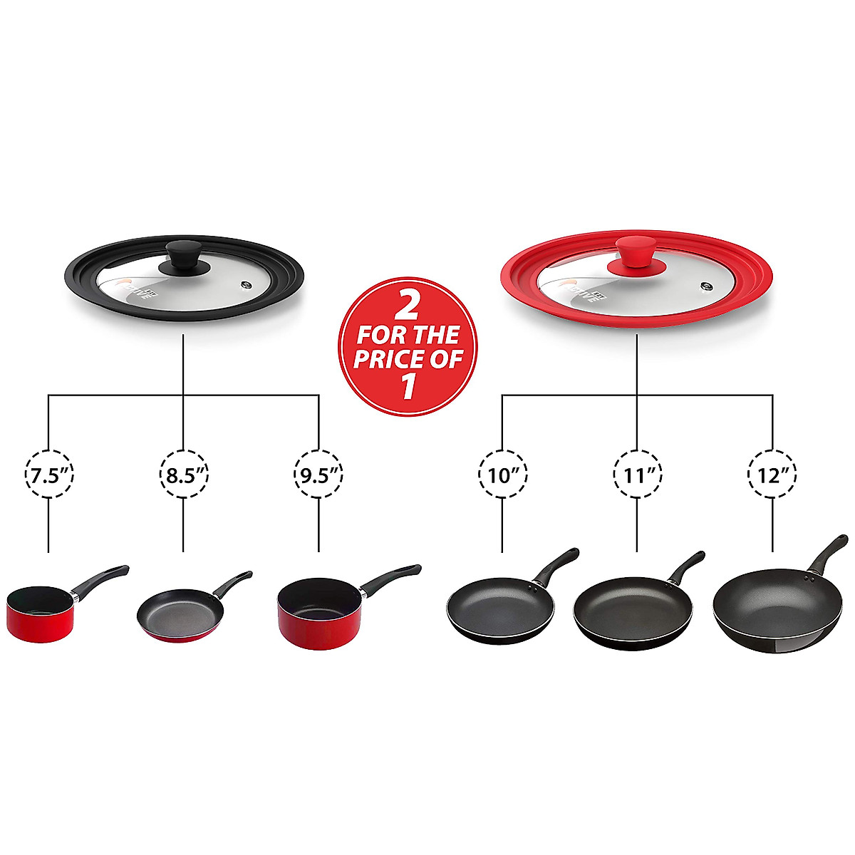 Universal Lid for Pots and Pans, Silicone Lids for Pots and Pans, Pan Lids, [Pack of 2], Frying Pan Cover- Replacement Lids Fits 7-12 inch, Black & Red