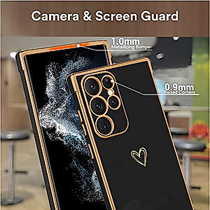MZELQ Compatible with Samsung Galaxy S22 Ultra Case for Women Cute Luxury Gold Heart Pattern Design, Full Camera Protection & Soft TPU Shockproof Protective Plating Edge Phone Case 6.9 inch 2022 Black