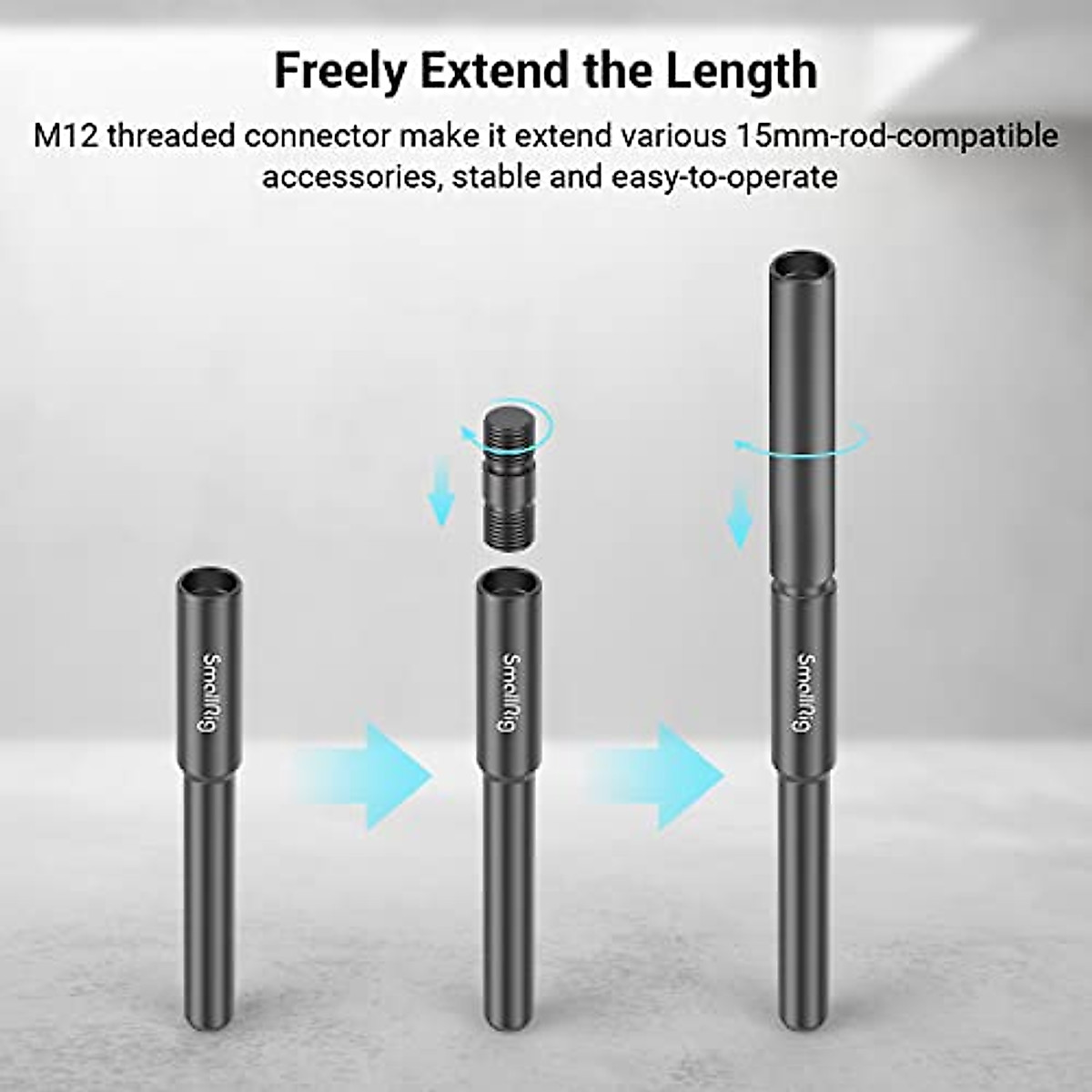 SmallRig 12mm to 15mm Rod Clamp Adapter, 12cm (4.7 Inch) Aluminum Alloy Rod with M12 Inner Thread, Designed for DJI RS2 RSC2 and Follow Focuses - 3681