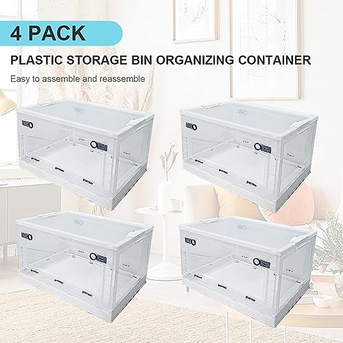 4utoHydra 4 PCS Collapsible Storage Bins, 80L Plastic Storage Bin Organizing Container with Lid and 4 Wheels, Clear Folding Plastic Container, Storage Organizer Five Doors with Secure Latching Buckles ( Extra Large , White)