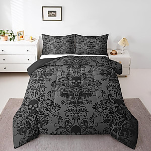 Adults Black Damask Bedding Set Antique Victorian Baroque Comforter Set Full Size Gothic Vintage Floral Quilt Exotic Sugar Skull Duvet Insert Full,Gothic Bone Skeleton Bohemian Decor,Grey