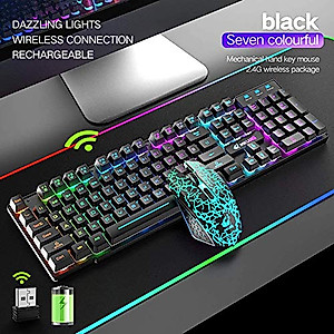 Wireless Gaming Keyboard and Mouse Combo with Rainbow LED Backlit Rechargeable 3800mAh Battery Mechanical Feel,7 Color Gaming Mouse,Mouse Pad for Windows PC Gamers(Black)