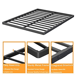 Bednowitz 2 Inch High Queen Box-Spring with Steel Slats, Quick Lock Queen Bunkie-Board Only, Low Metal Frame Bed-Slat Replacement, Noise Free Mattress Surpoort Base, Black