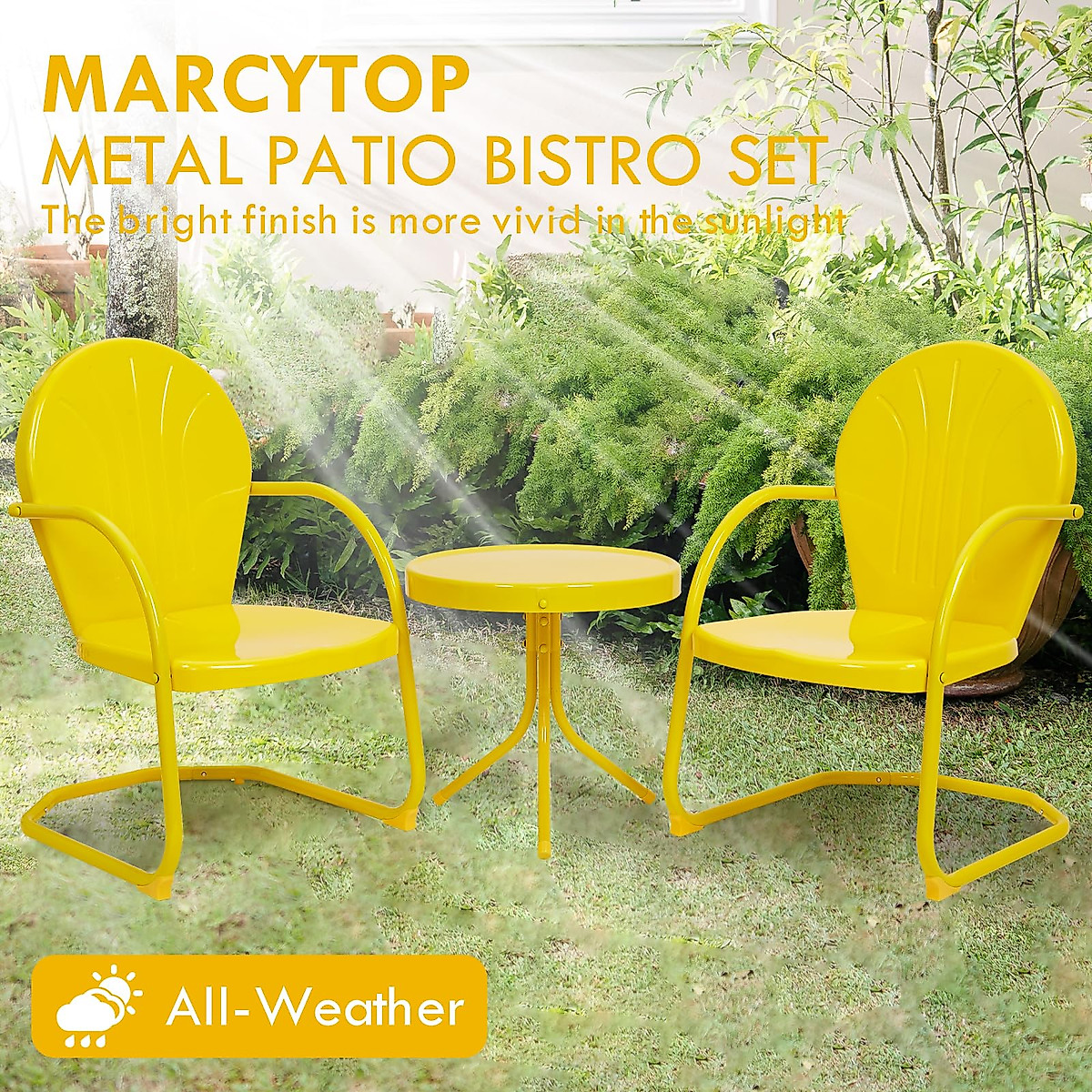 Marcytop Outdoor Bistro Set, 3 Pieces Retro Metal Porch Furniture Set, All-Weather Patio Bistro Set, 2 C-Spring Metal Chairs and Round Side Table for Porch, Garden, Lawn and Balcony, Yellow