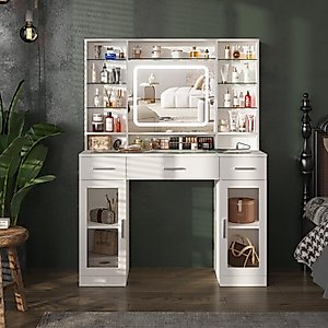 Fameill Makeup Vanity with Lights, 43.4inch Vanity Desk with Power Strip, 3 Drawers and 2 Cabinets Makeup Table with Lighted Mirror, 3 Lighting Colors, White