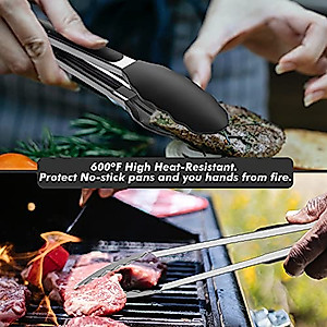 ChefAide Set of 2 Cooking Tongs,18/8 Stainless Steel and Silicone Rubber Grips with 600ºF High Heat-Resistant,Kitchen Utensils,Cooking Utensils for Grill,Salad,BBQ,Frying,Baking,Serving 9/12 inches