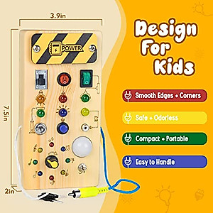 Montessori Toddler Busy Board, Baby Wooden Busy Board with 8 LED Light switches, Sensory Toys Light Switch Toys Travel Toys for 1+ Year Old Baby and Toddler