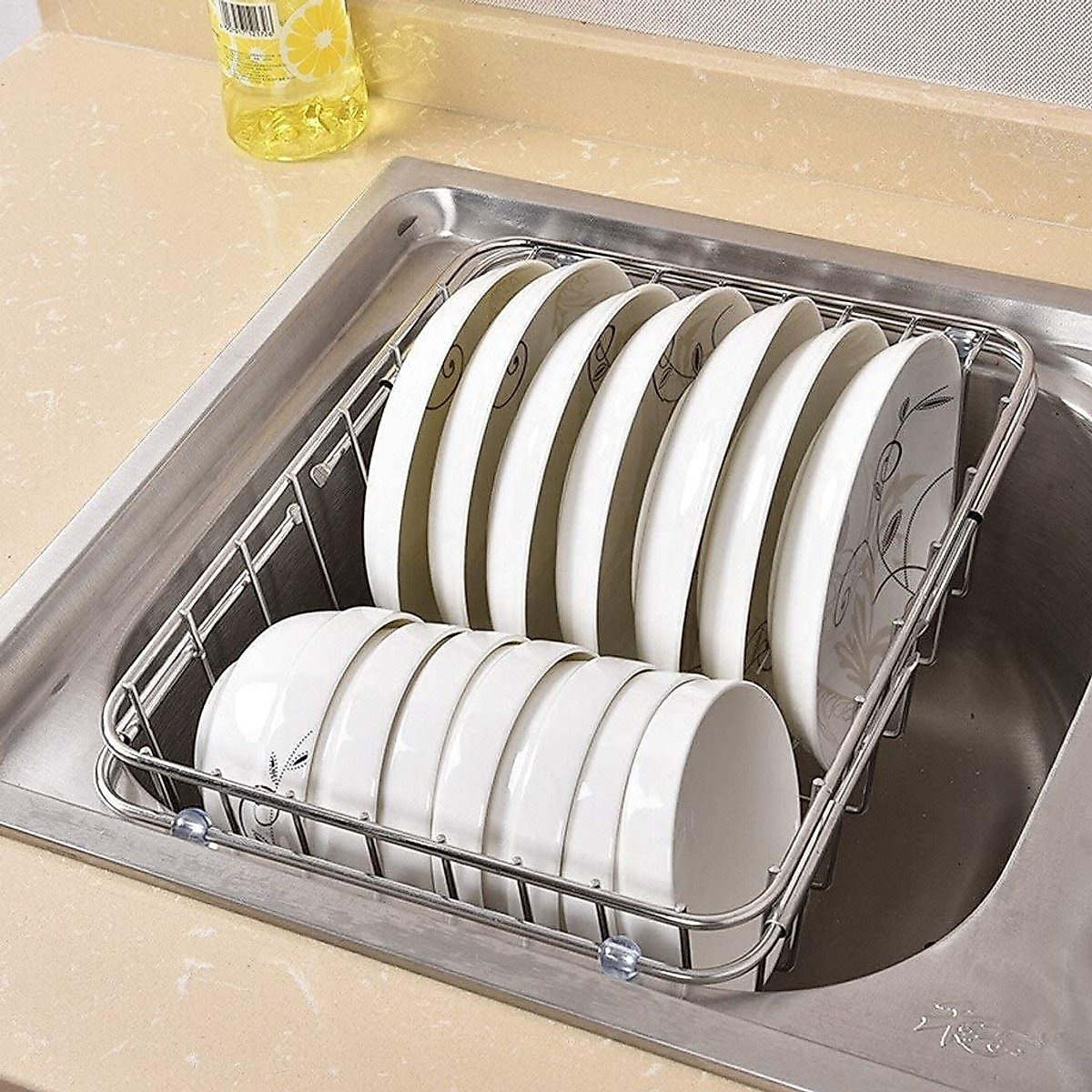 Plate Rack Draining Dish Rack Dish Drying Rack with Stainless Steel Utensil Holder Cutlery Rack, Over Sink or in Sink Dish Drainer Pan Plate Holder