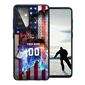 Personalized Ice Hockey vs Name Number US Flag Decor Rubber Cover Phone Case for Samsung Galaxy A53 5G/A03S/A02S/A10E/A12/A13/A32/A33/A42/A51/A52/A71 Custom Hockey Phone Case (America Flag)