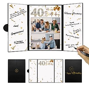 DARUNAXY Black Gold 40th Birthday Party Decorations, Happy 40th Birthday Alternative Signature Guest Book for Men Women 40 Years Old Table Sign Picture Frame Gift 40 Birthday Card Board Party Supplies