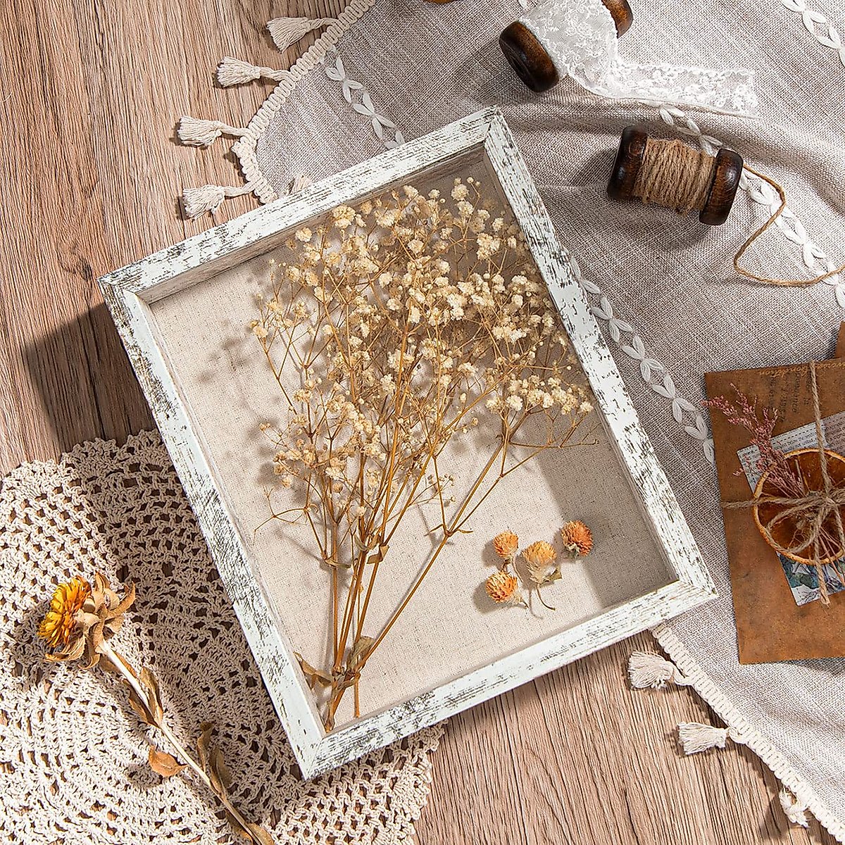 Califortree 8x10 Shadow Box Frame with Linen Back - Real Glass, Push Pins Included, Sturdy Rustic Memory Display Case, Distressed White