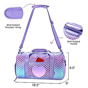 mibasies Dance Bag for Girls Duffle Bag Kids Overnight Travel Sleepover Bags Sport Gym Bag with Shoes Compartment(Mermaid Purple)