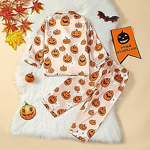 Halloween Pajamas for Toddler Girls Boys Pumpkin Silk Pajamas Long Sleeve Button-Down Tops Pants 2 Pieces Pjs Set (Pumpkin, 3-4T)