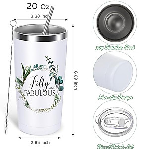50th Birthday Gifts for Women 2 Pieces 50 and Fabulous Gifts for Women Including 20 oz Wine Stainless Steel Tumbler with Lid Straw Fabulous Makeup Bag for Turning 50 Year Old Woman Mother Ladies