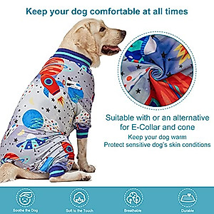 LovinPet Large Dog Wound Care/Surgery Recovery Clothes, Large Dog Pajamas, Lightweight Stretchy Jersey Knit, Galaxy World Gray Print, Big Dog Jammies,UV Protection,Large Breed Dog Onesie, Pet PJ's/XL