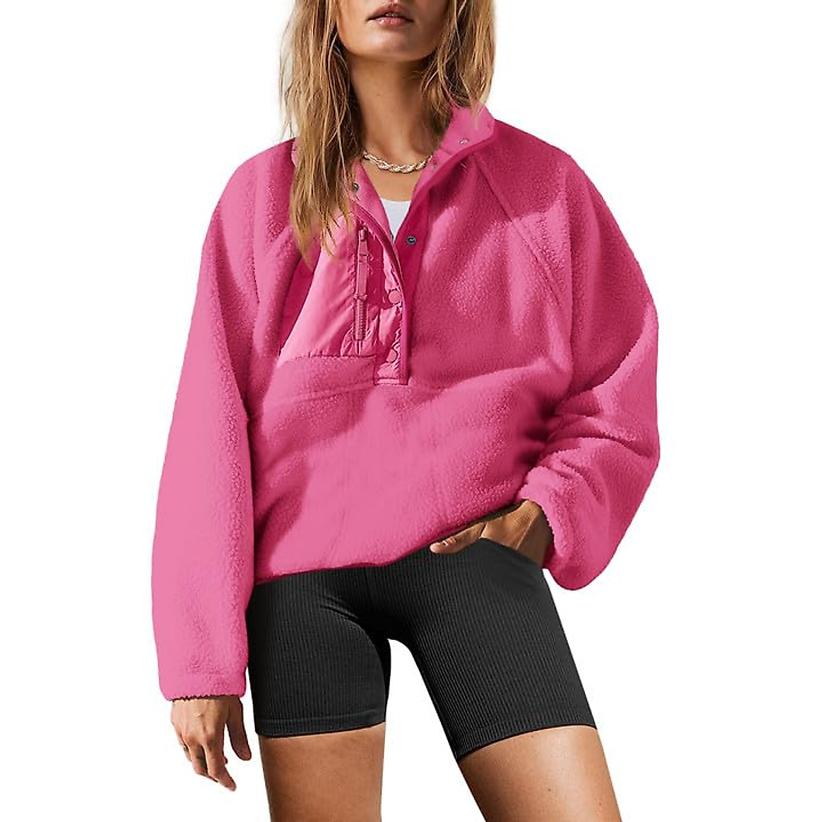 Yanekop Womens Fuzzy Fleece Pullover Sherpa Sweatshirt Long Sleeve Button Down Sweater Jacket with Pockets(Hot Pink,L)