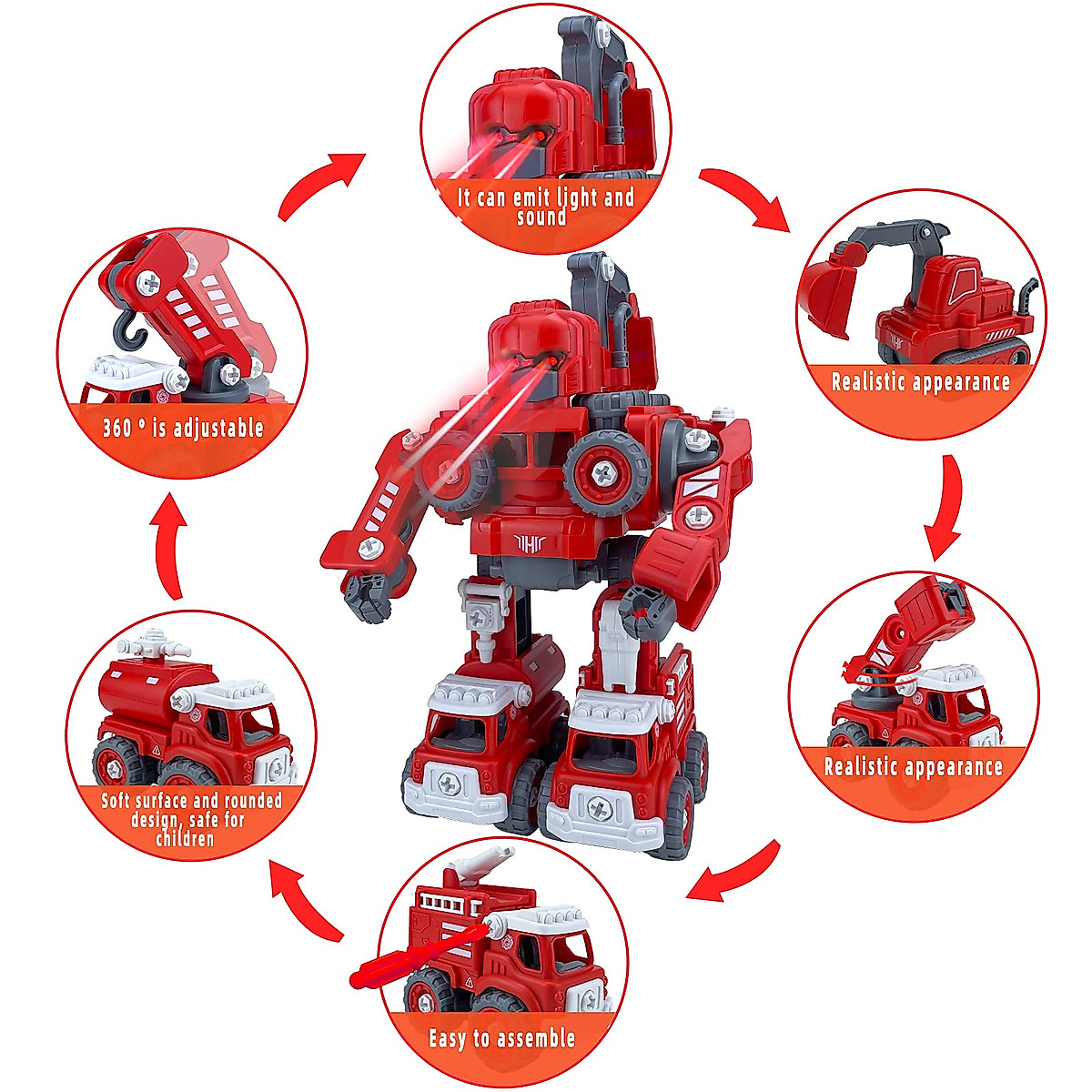 Ynanimery Transformation Robot,5 in 1 Deformation Robot Toy for Kids, Take Apart Robot Composed of Construction Toy Truck for Boys Age 4 5 6 7 8-12 Year Old, Kids STEM Building Gift,Red