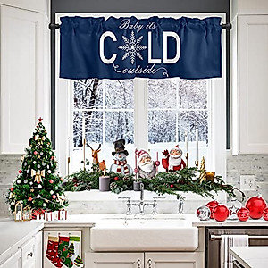 3 Piece Kitchen Curtain and Valances Set, Christmas Kitchen Curtains Set Rod Pocket Tier Short Curtains for Living Room Cafe Window Curtains 24 Inch Length Cold Winter Snowflakes Blue Backdrop