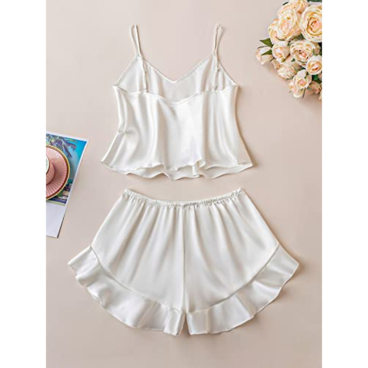 SOLY HUX Women's Sexy Silk Satin Ruffled Pajamas Sets Cami Shorts Sets Sleepwear Solid White M