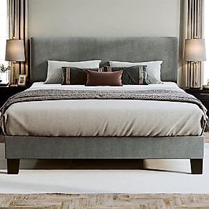Fluest King Bed Frame with Adjustable Headboard Upholstered Bed Frame Platform Linen Fabric Headboard Wooden Slats Support/No Box Spring Needed/Easy Assembly/Mattress Foundation, Light Grey