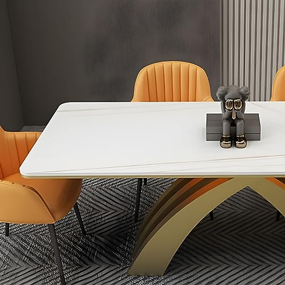 LAKIQ Sintered Stone Rectangle Dining Table Modern Pedestal Table Contemporary Rectangular Kitchen Dining Room TableTable Only-Without Chairs(White Top Gold Base, 70.9" L x 35.4" W x 29.5" H)