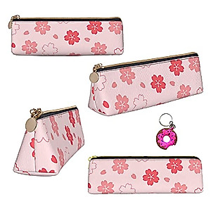 LAKIMCT Leather Pencil Pouch Bag Cute Keychain, Pen Case Cosmetic Storage Bag, Cross Grain, Brass Zipper, Triangle - Cherry Blossoms
