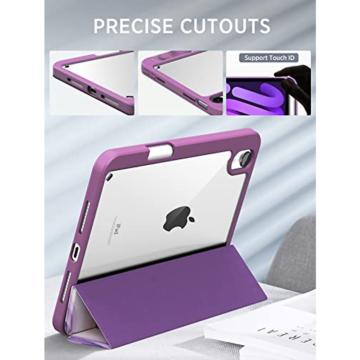 MoKo Case Fit New iPad Mini 6 Case with Pencil Holder (6th Gen 8.3 inch 2021), Soft TPU Frame Hard PC Clear Transparent Back Shell Smart Cover for iPad Mini 6 2021, Auto Wake/Sleep, Marble Gold Purple
